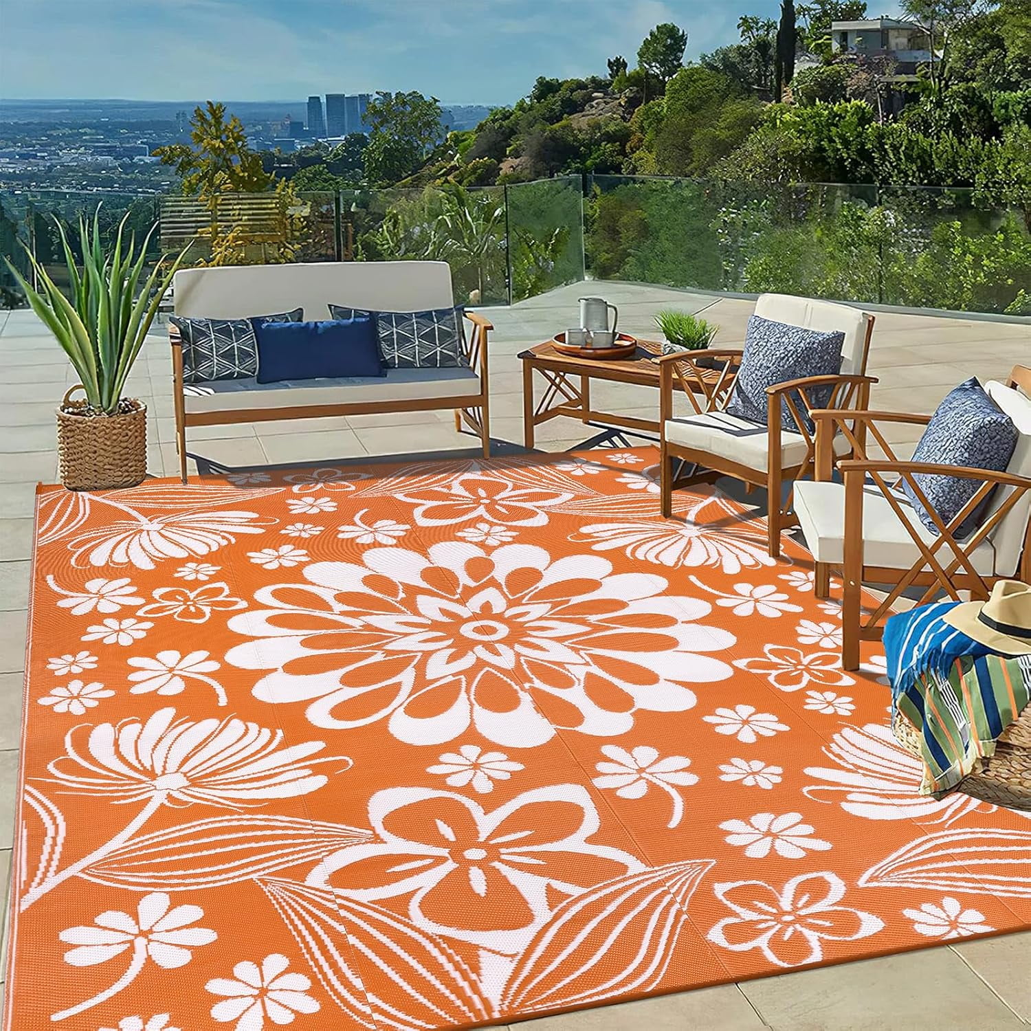 Outdoor Plastic Straw Rug 8x10ft Funny Floral Style Reversible Patio ...