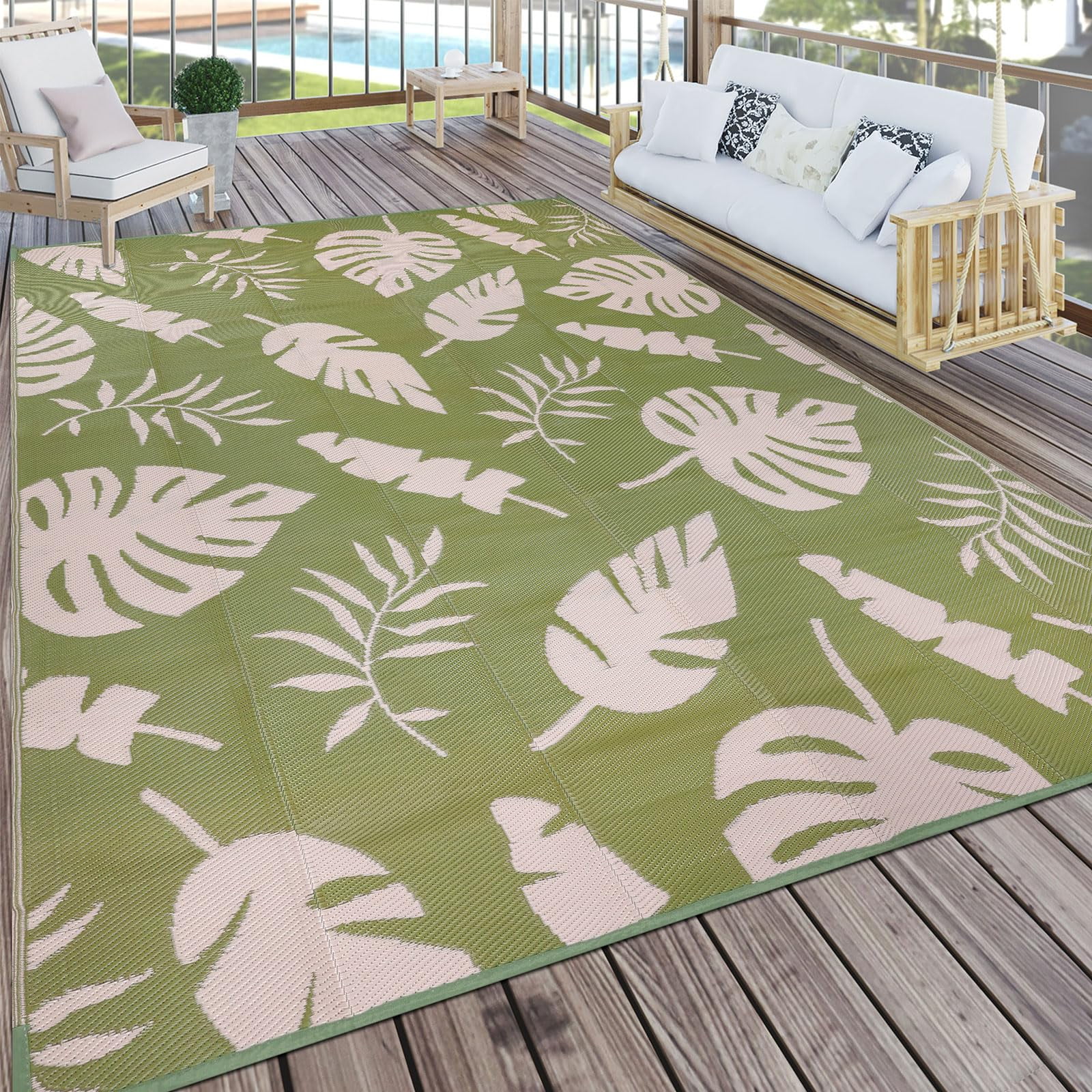 Outdoor Plastic Straw Rug 8x10ft Tropics Palm Leaves Large Reversible ...