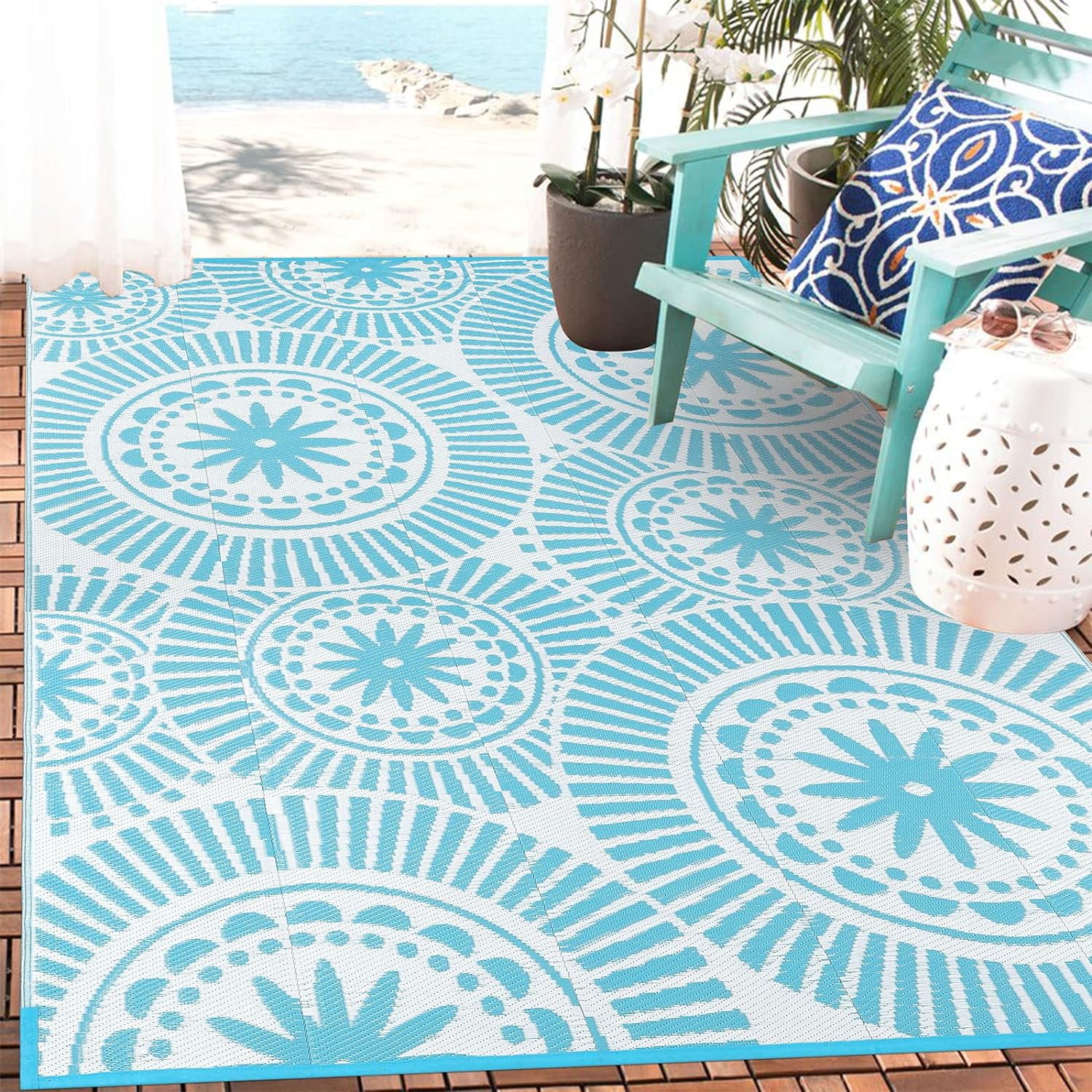 Outdoor Plastic Straw Rug 8x10ft Tropics Palm Leaves Large Reversible ...