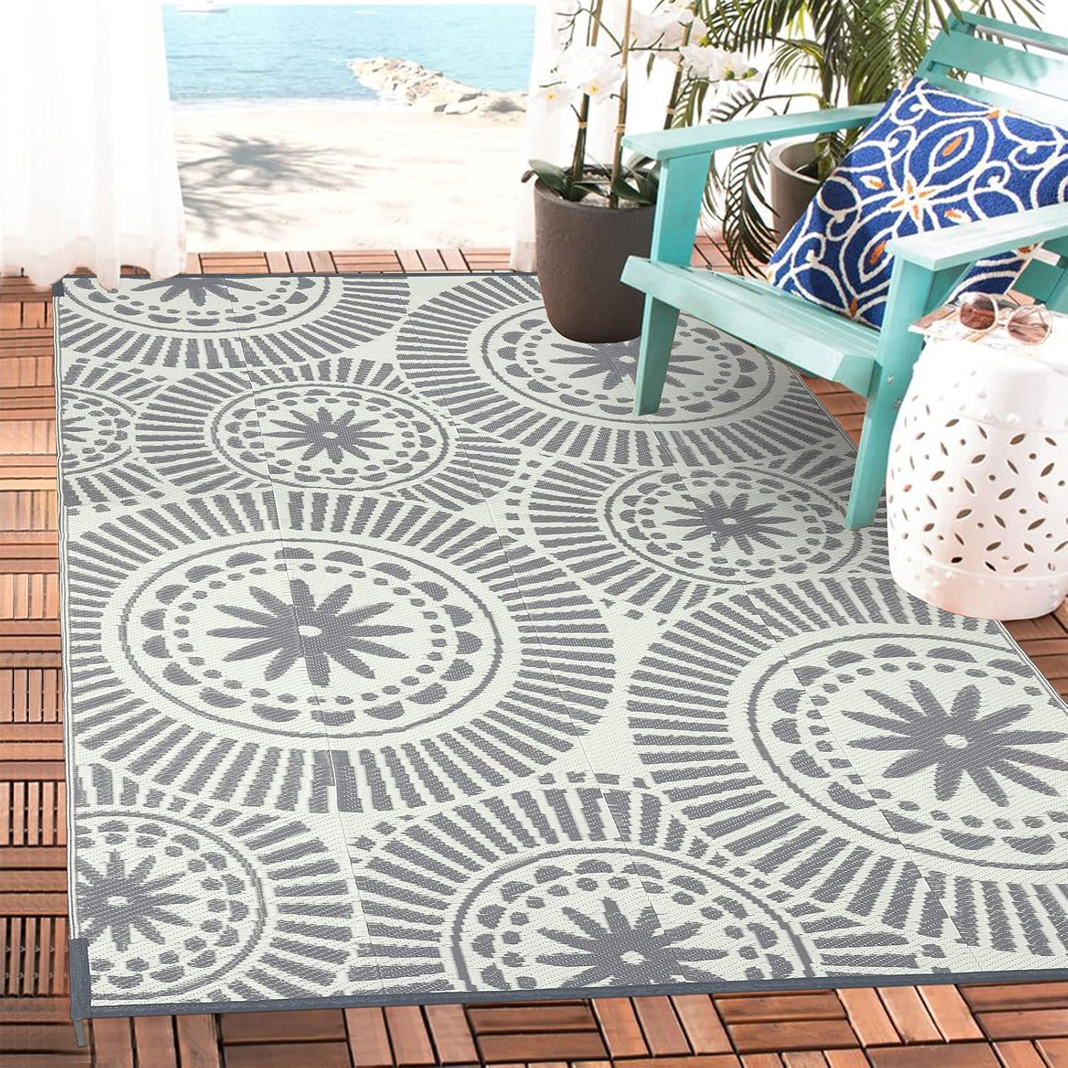 Outdoor Plastic Straw Rug 8x10ft Tropics Palm Leaves Large Reversible ...