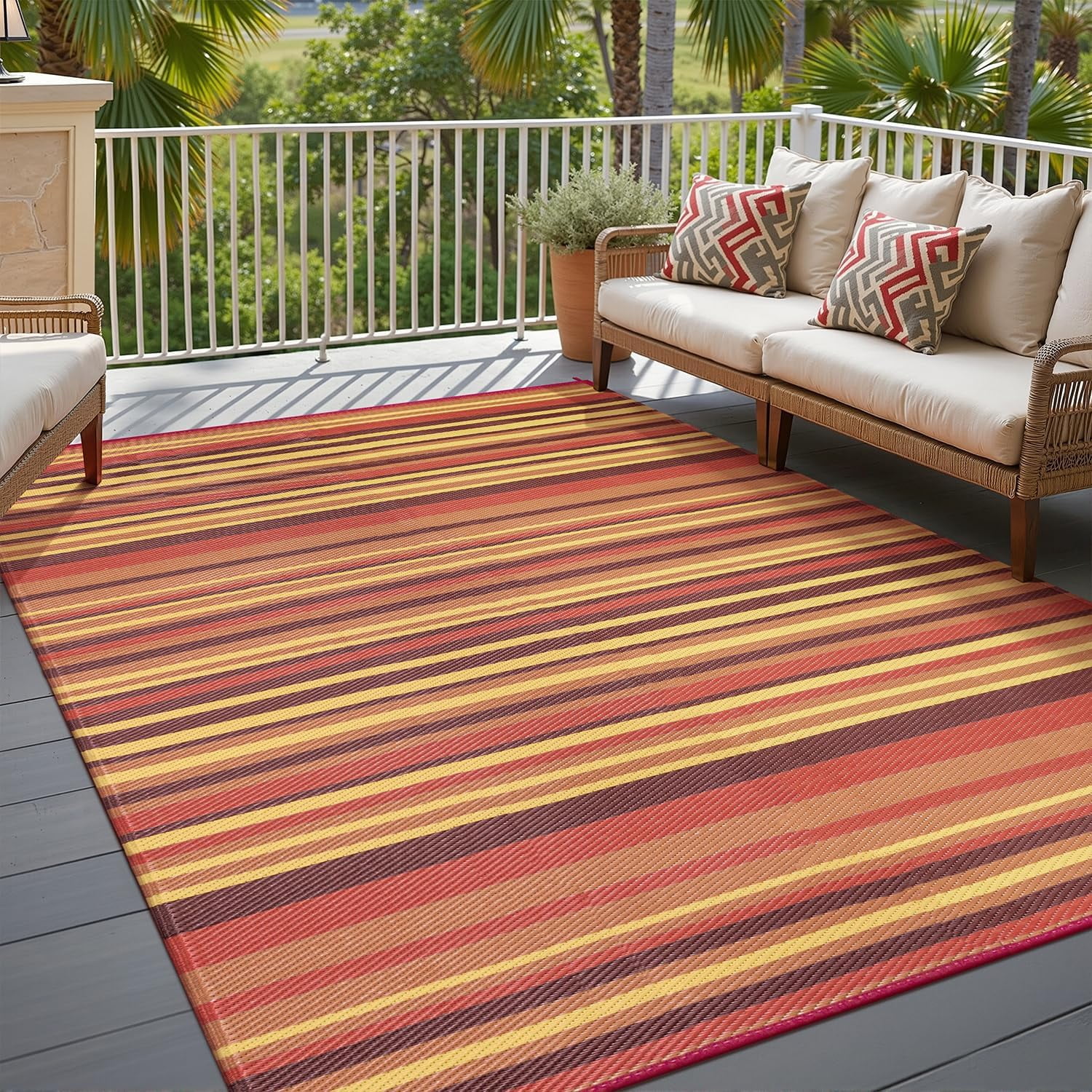 Outdoor Plastic Straw Rug Waterproof Patio 5x8 Red Orange Stripe Mat ...