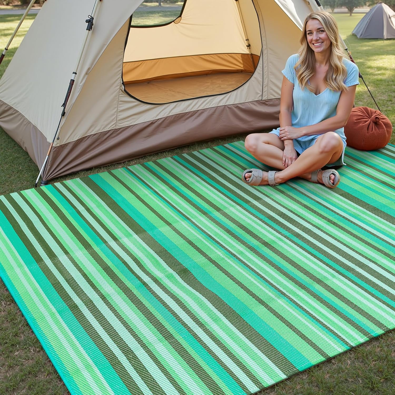 Outdoor Plastic Straw Rug Waterproof Patio 6x9 Green Teal Stripe Mat ...