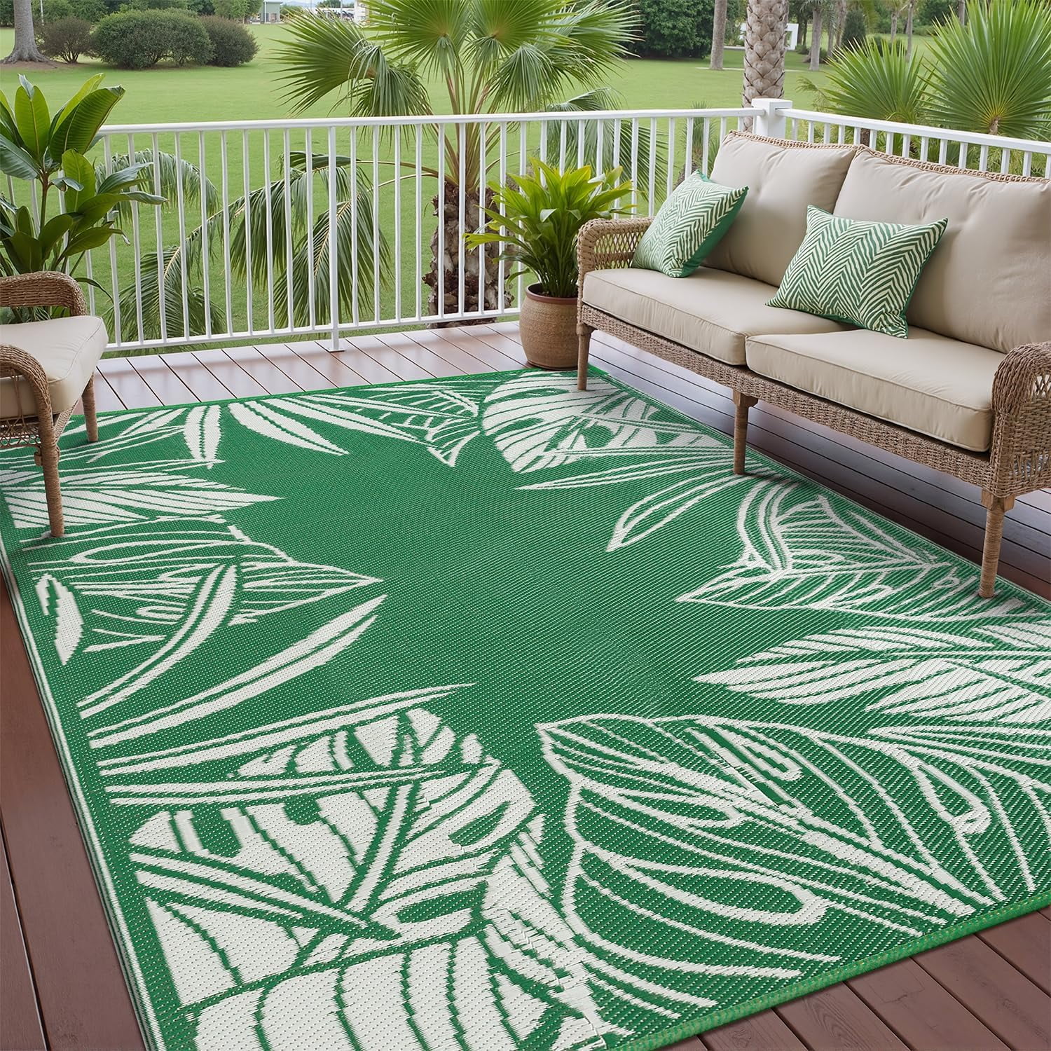 Outdoor Plastic Straw Rug Waterproof Patio 6x9 Green White Leaf Mat for ...
