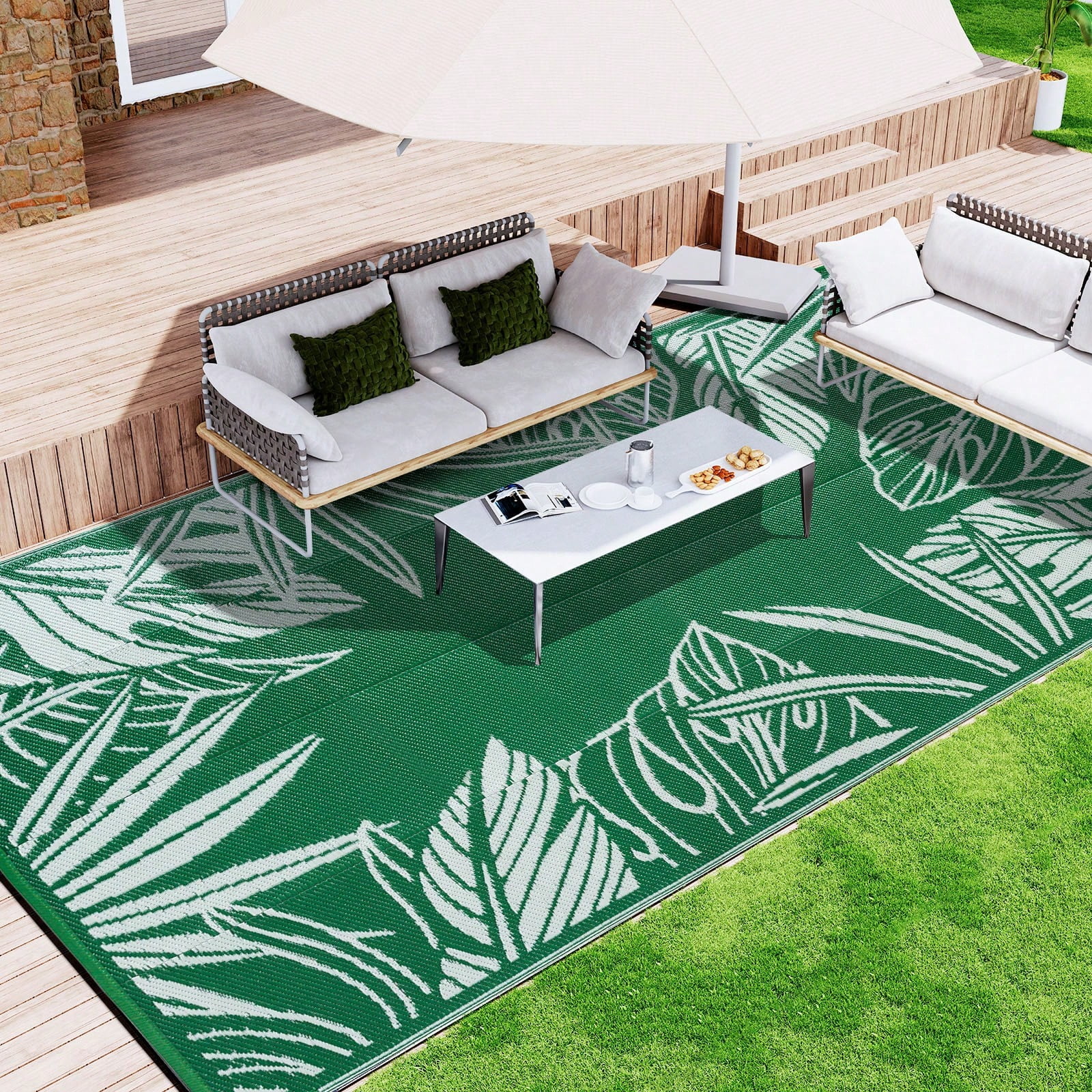 Outdoor Plastic Straw Rug Waterproof Patio 8X10Green White Grey White ...