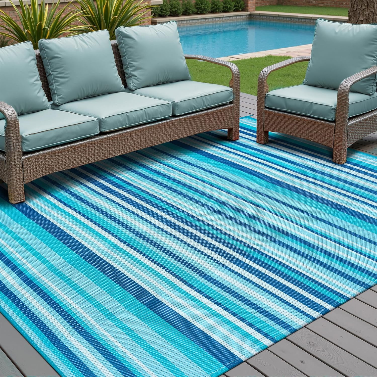 Outdoor Plastic Straw Rug Waterproof Patio 8x10 Blue Teal Stripe Mat ...