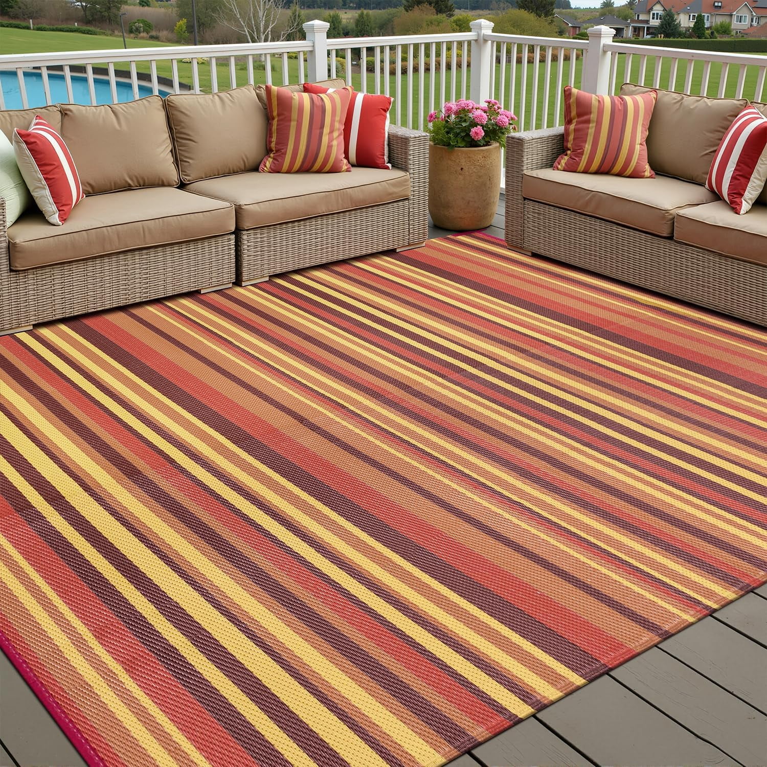 Outdoor Plastic Straw Rug Waterproof Patio 9x12 Red Orange Stripe Mat for Porch Camping RV ...