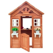 Qaba Outdoor Playhouse, Foldable Wooden Kids Cottage with Windows ...