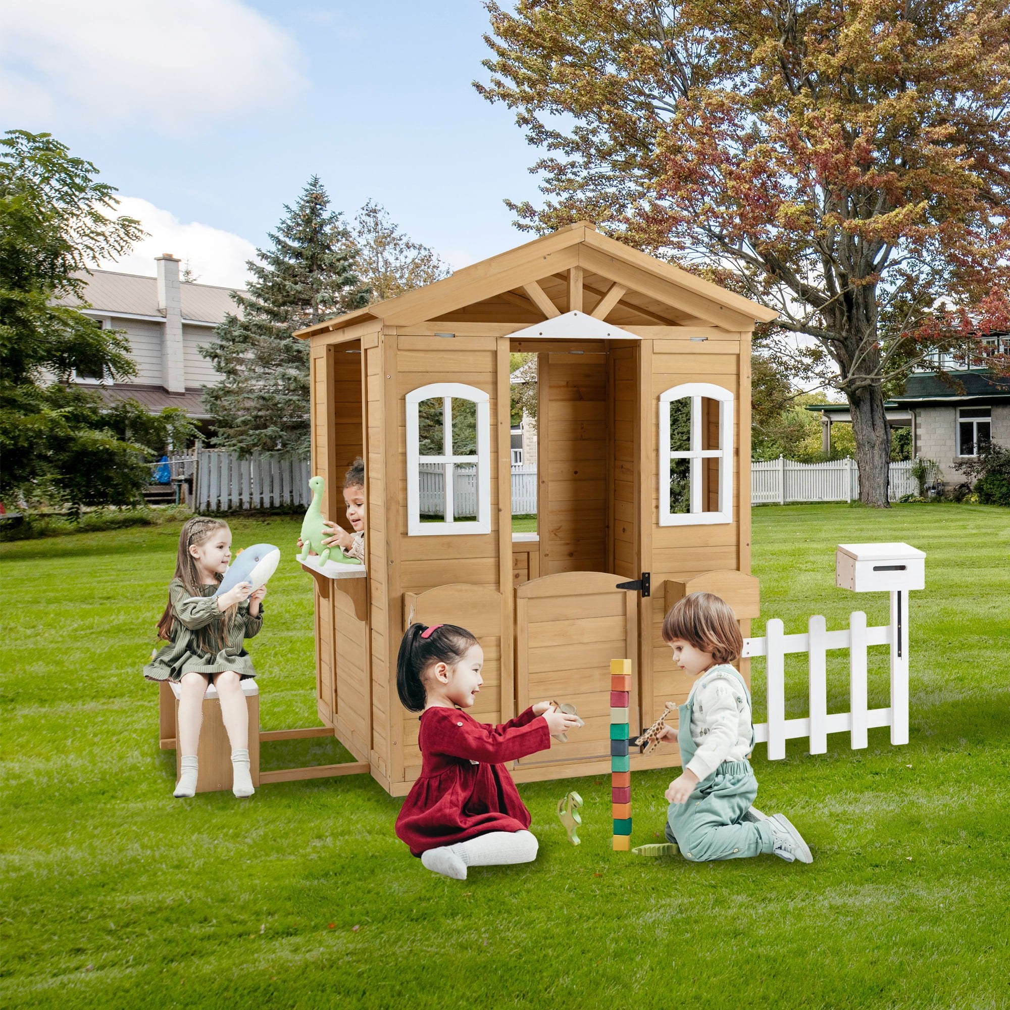 Outdoor Playhouse, Wooden Playhouse for Kids Outdoor with Bench ...