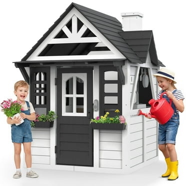 Qaba Outdoor Playhouse, Foldable Wooden Kids Cottage with Windows ...