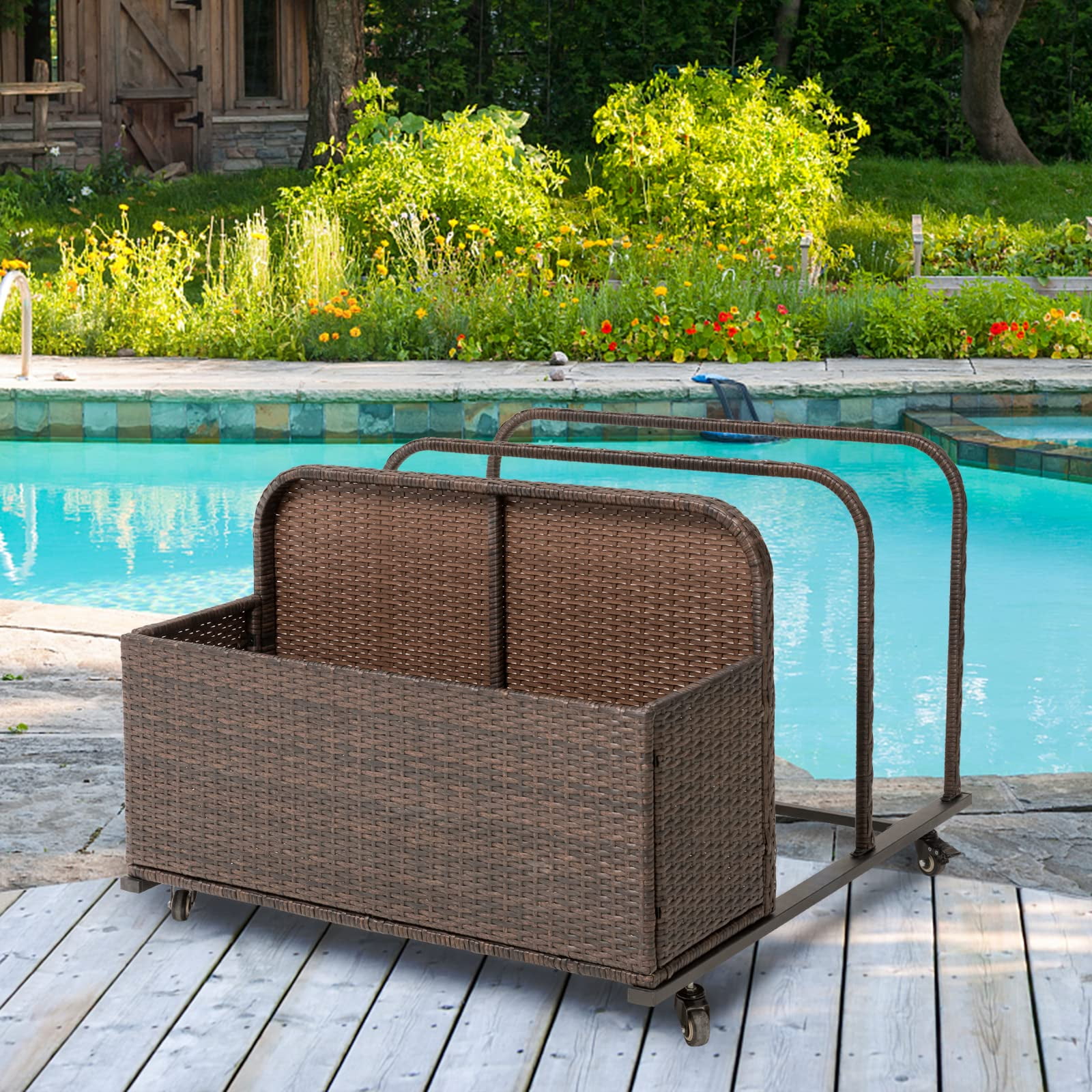 Outdoor Pool Toy Storage Cart, Rattan Wicker Organizer with Wheels ...