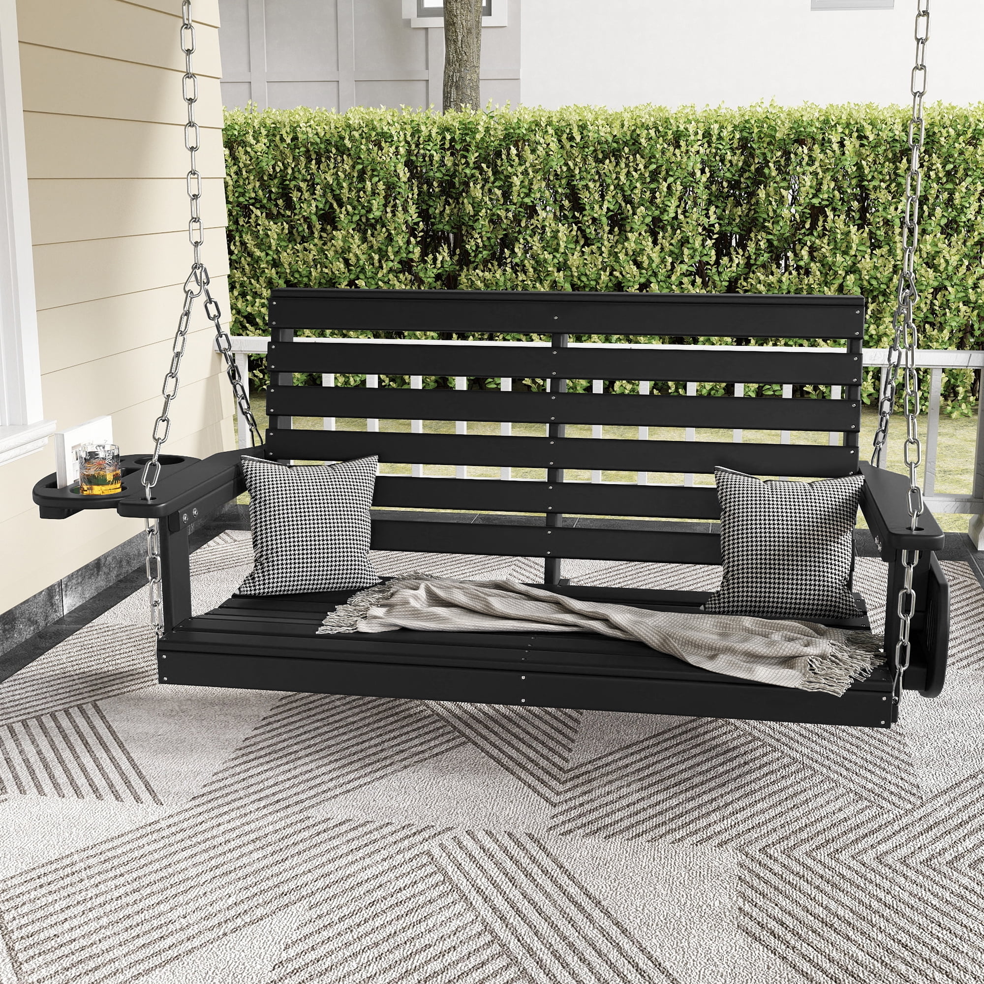 FOOWIN Outdoor Porch Swing, HDPE Patio Hanging Porch Swing with Cup ...