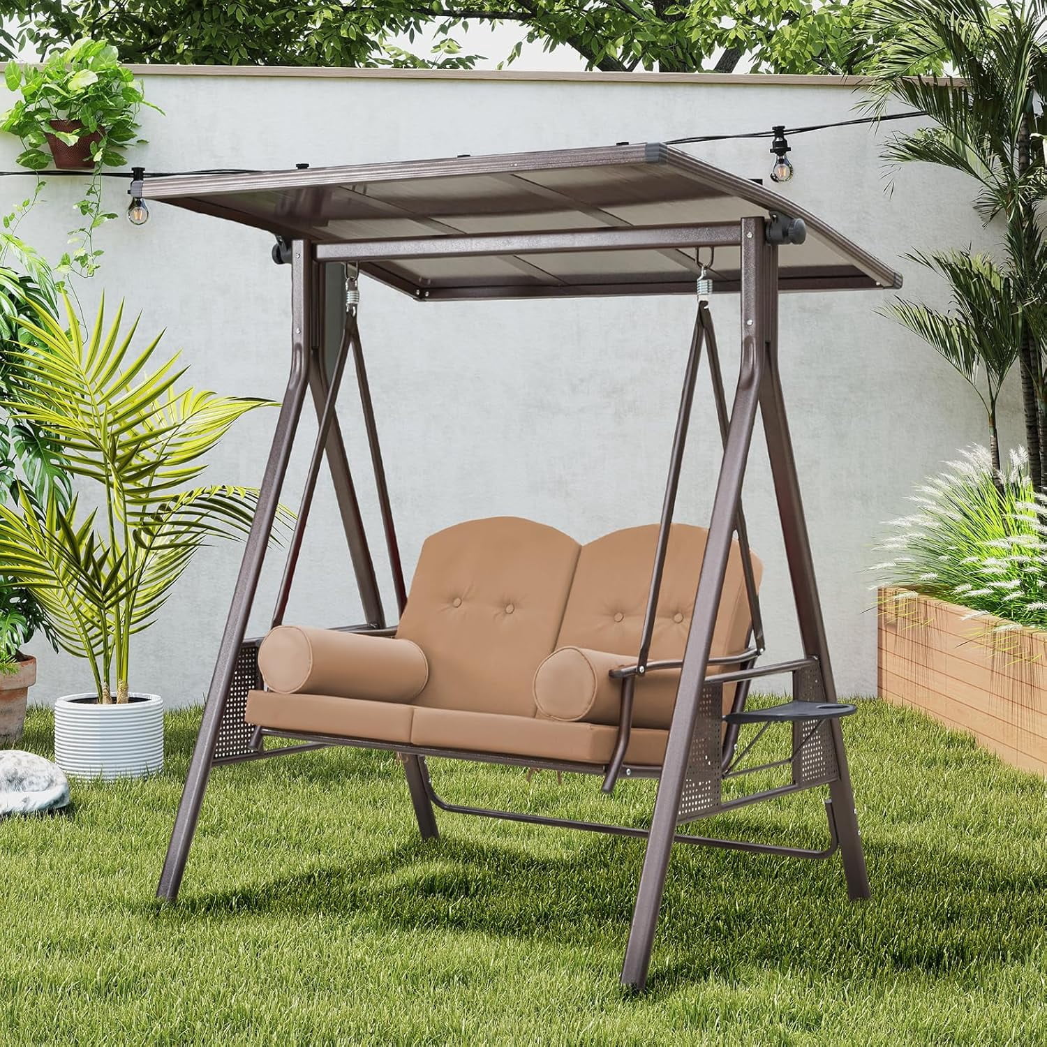 Outdoor Porch Swing with Adjustable Hardtop, 3 Seat Patio Swing with 2 ...