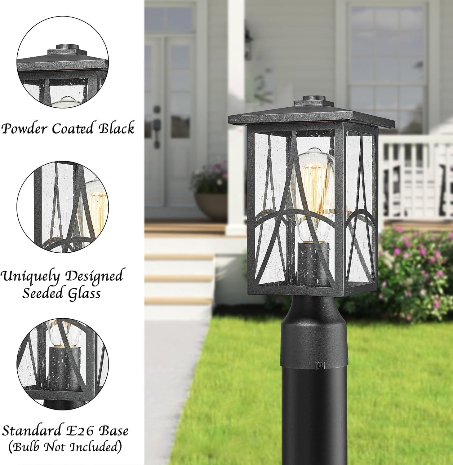 Outdoor Post Lantern with Seeded Glass - Weather-Resistant Pole Light ...
