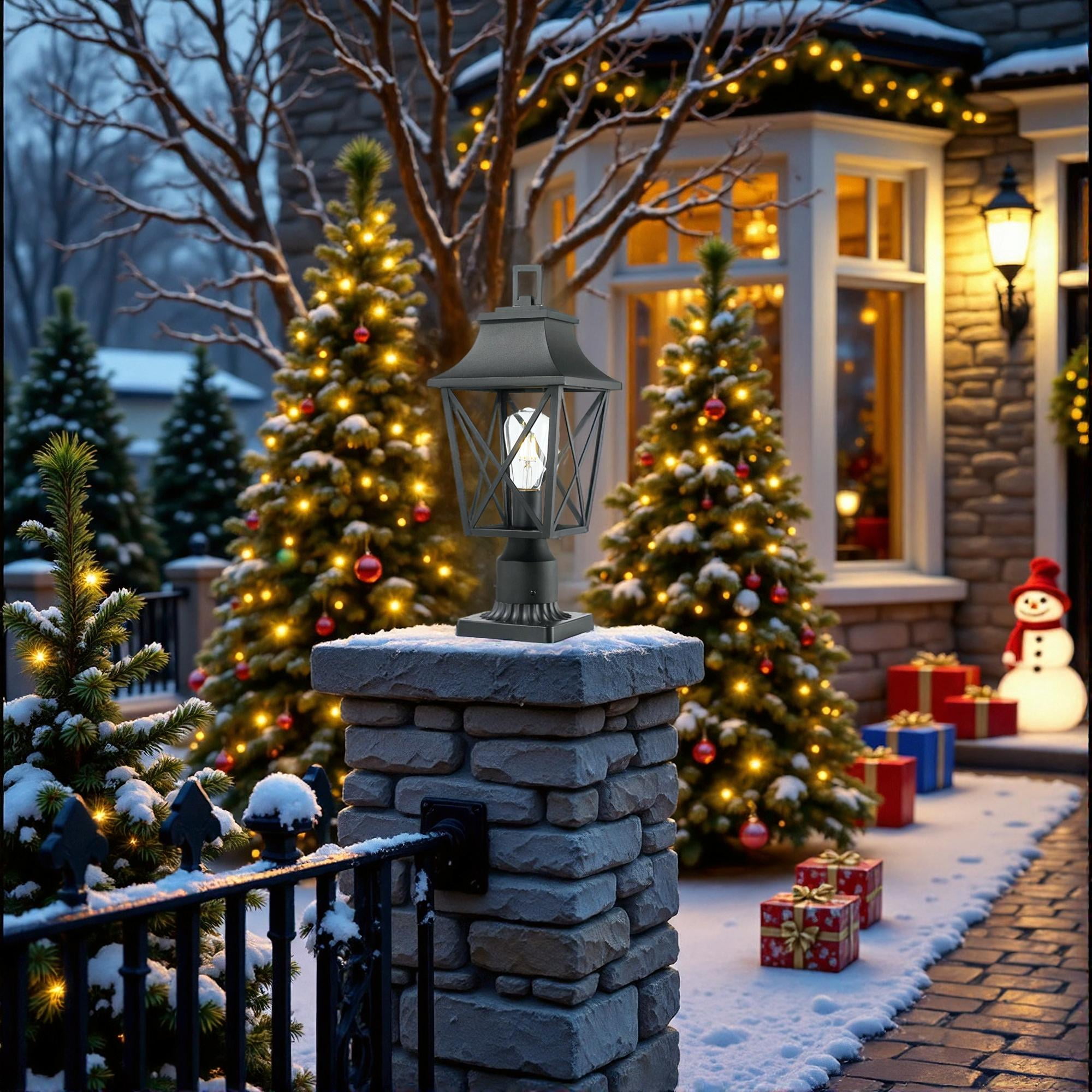 Outdoor Post Light, Black Pole Lantern Lighting Fixture with Pier Mount ...