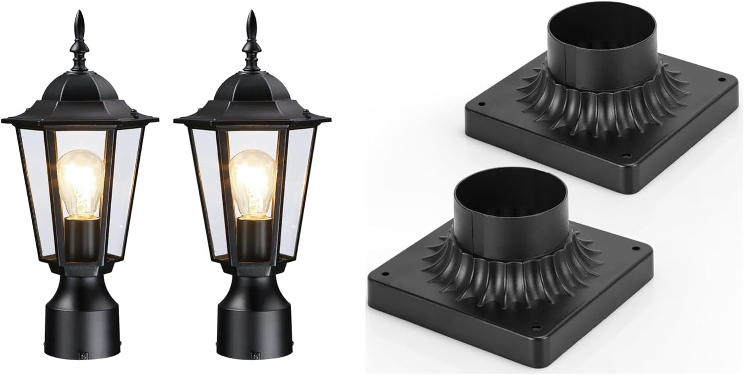 Outdoor Post Lights + Pier Mount Base 2 Set, Black Lamp Post Light ...