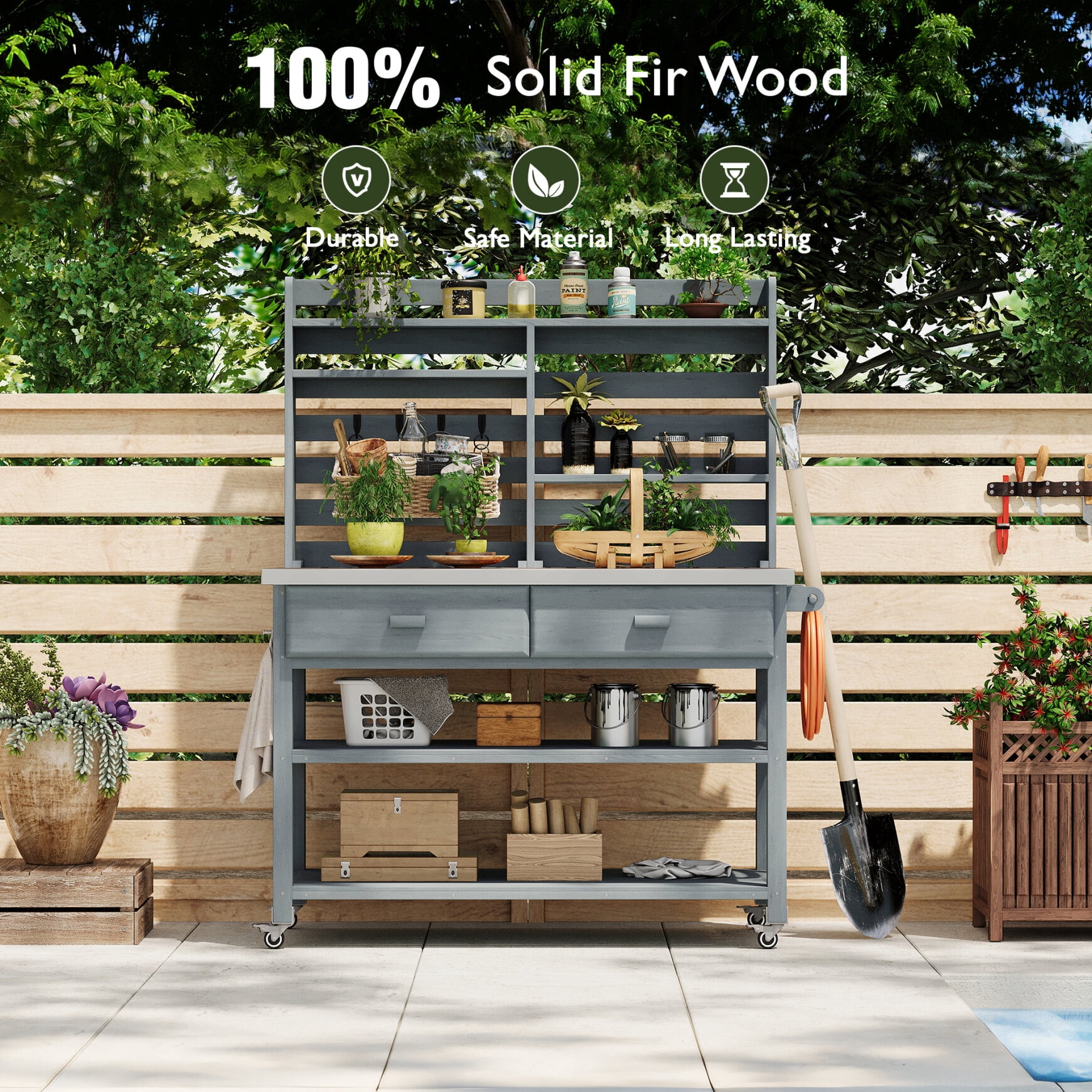 Outdoor Potting Bench with Lockable Wheels, Wooden Garden Work Table ...