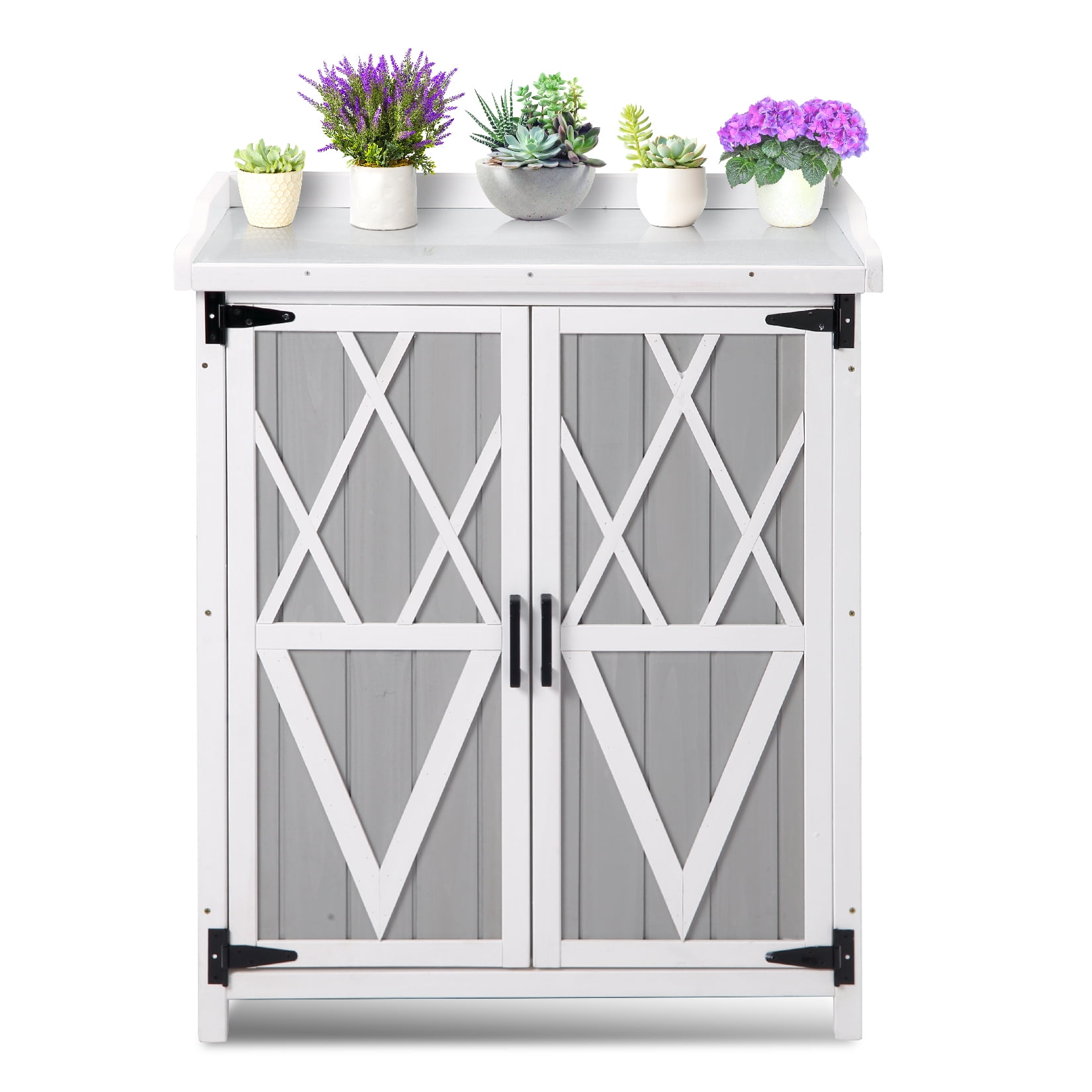 Outdoor Potting Bench with Metal Tabletop,Wooden Outdoor Storage ...