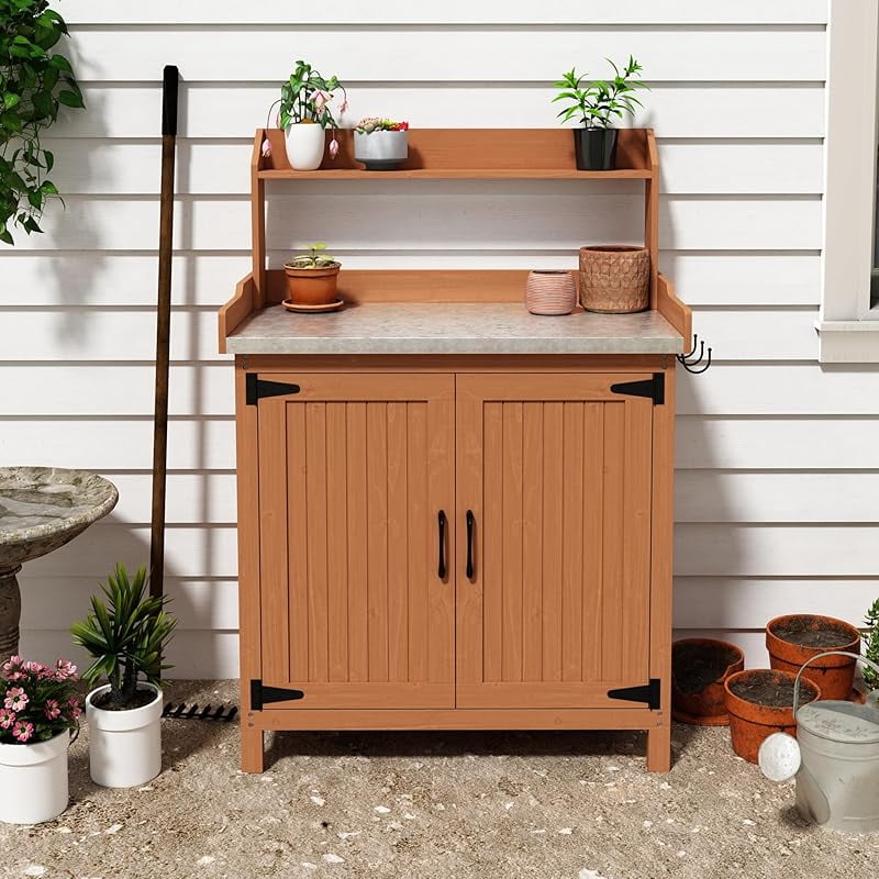 Outdoor Potting Bench with Storage, Wooden Garden Potting Table with ...