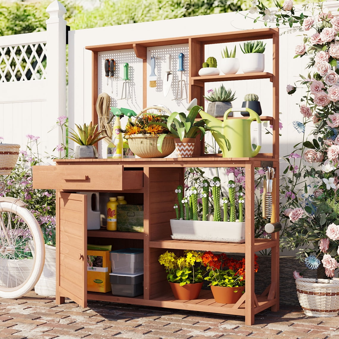 Outdoor Potting Bench Table with Hutch, Wooden Gardening Workstation ...
