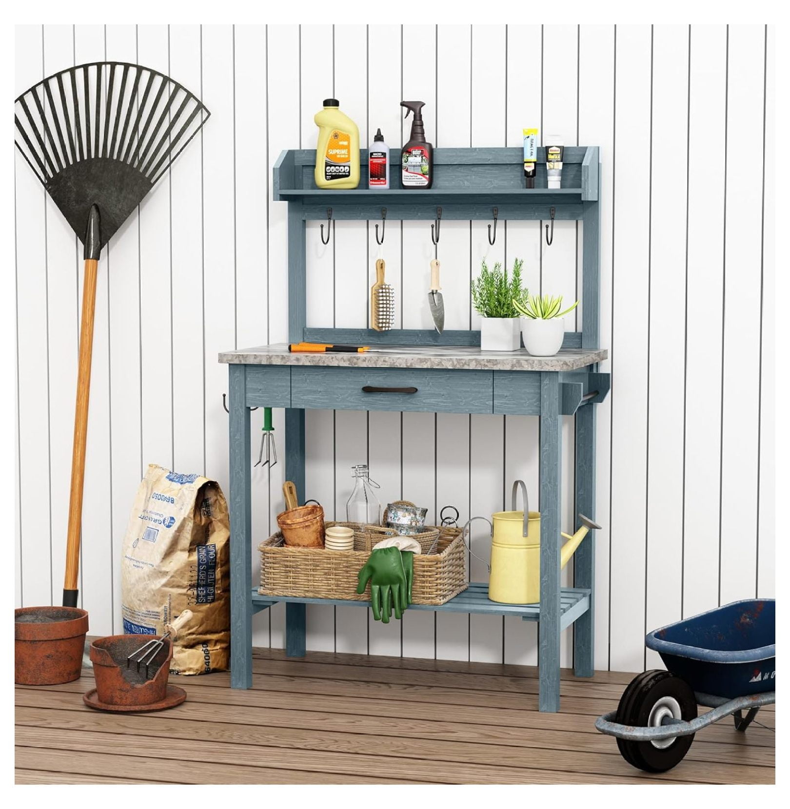 Outdoor Potting Bench Table with Metal , Planting Table Potting Work ...