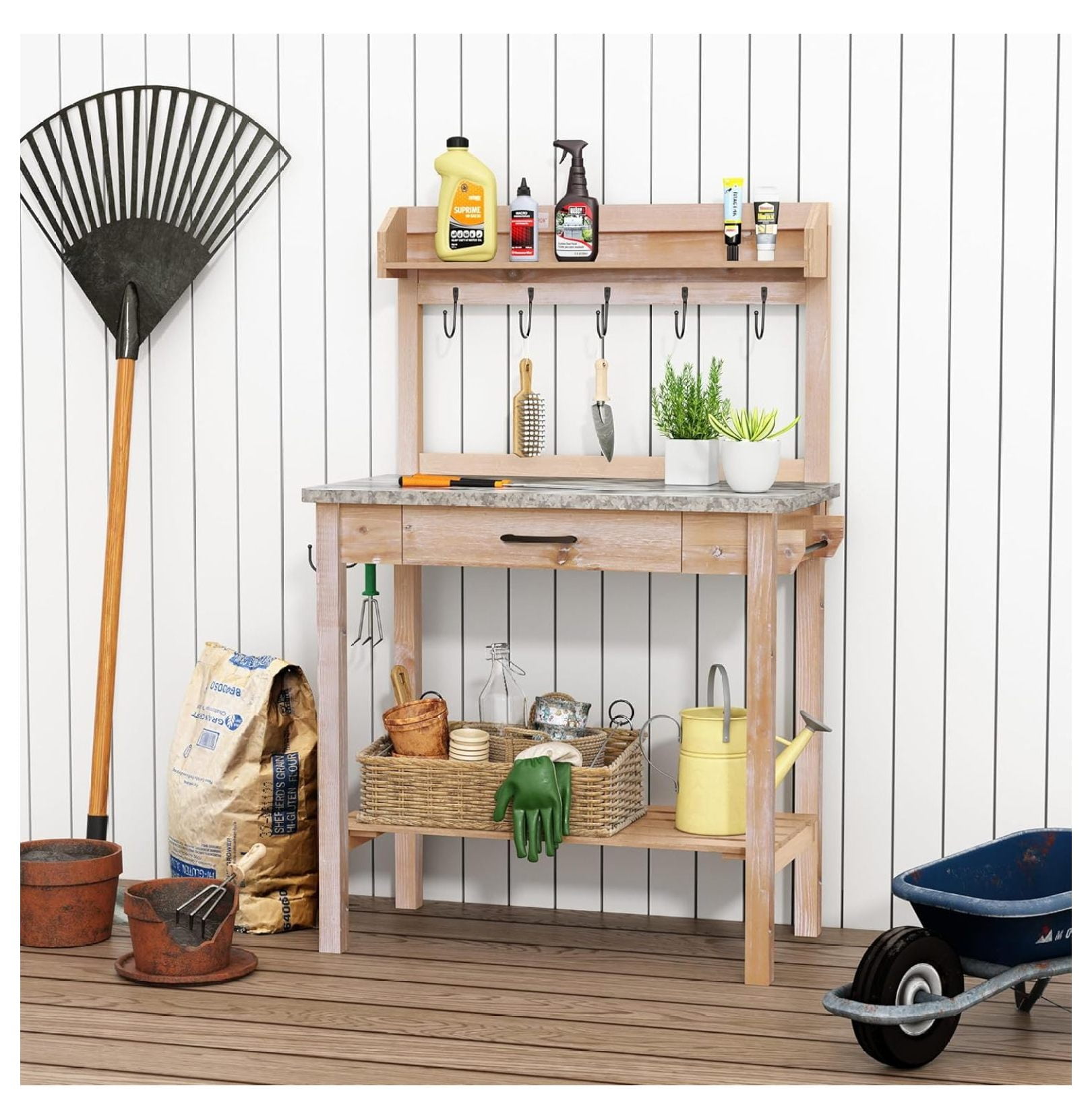 Outdoor Potting Bench Table with Metal , Planting Table Potting Work ...