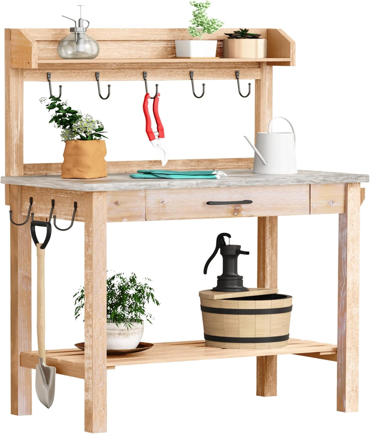 Outdoor Potting Bench Table with Metal Tabletop, Planting Table Potting ...