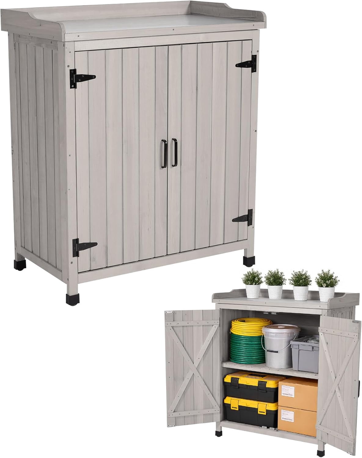 Outdoor Potting Bench with Metal Top, Wooden Garden Storage Cabinet ...