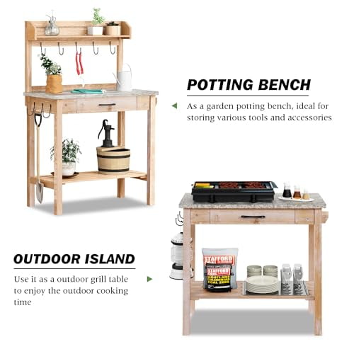 Outdoor Potting Table with Metal Tabletop, Planting Table Potting Work ...