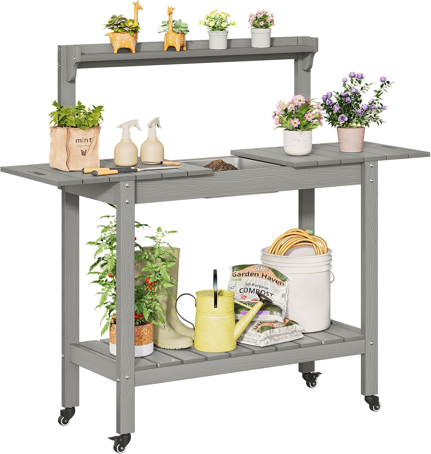 Outdoor Potting with Sliding Tabletop, Mobile Garden Workstation ...