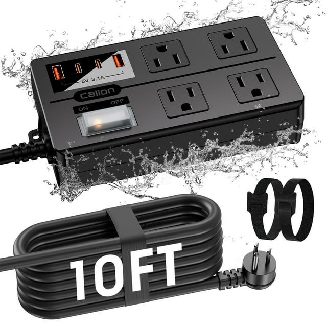 Outdoor Power Strip Weatherproof, 10 F Long Extension Cord Multi Plug Outlets, Outlets-4 AC,4 ...