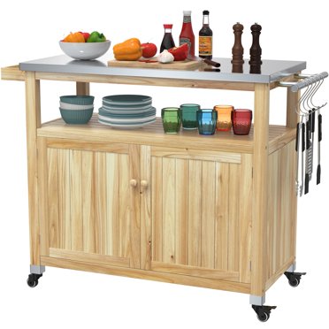 DWVO Outdoor Prep Table Grill Station, Solid Wood Movable Dining Cart ...