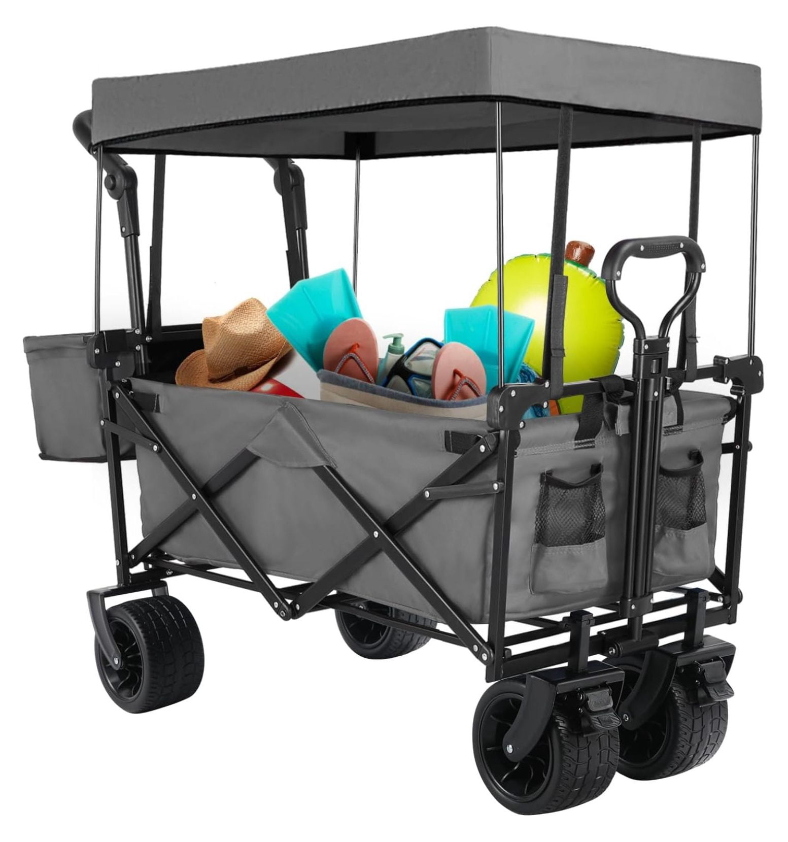 Outdoor Push Pull Collapsible Beach Wagon, Heavy-Duty 7“ All- Folding ...