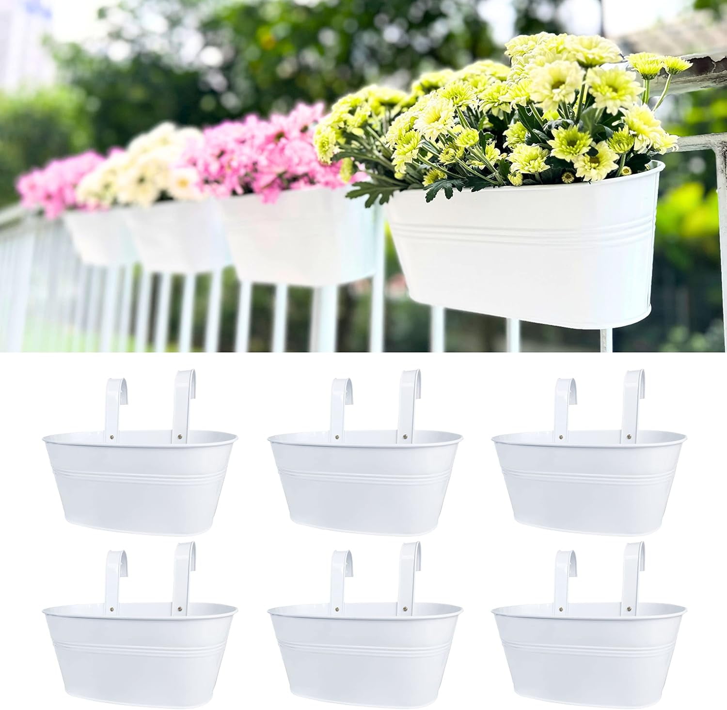 Outdoor Rail Planter (6 Pack, 9.8 Inch) Small and Cute White Metal Iron ...