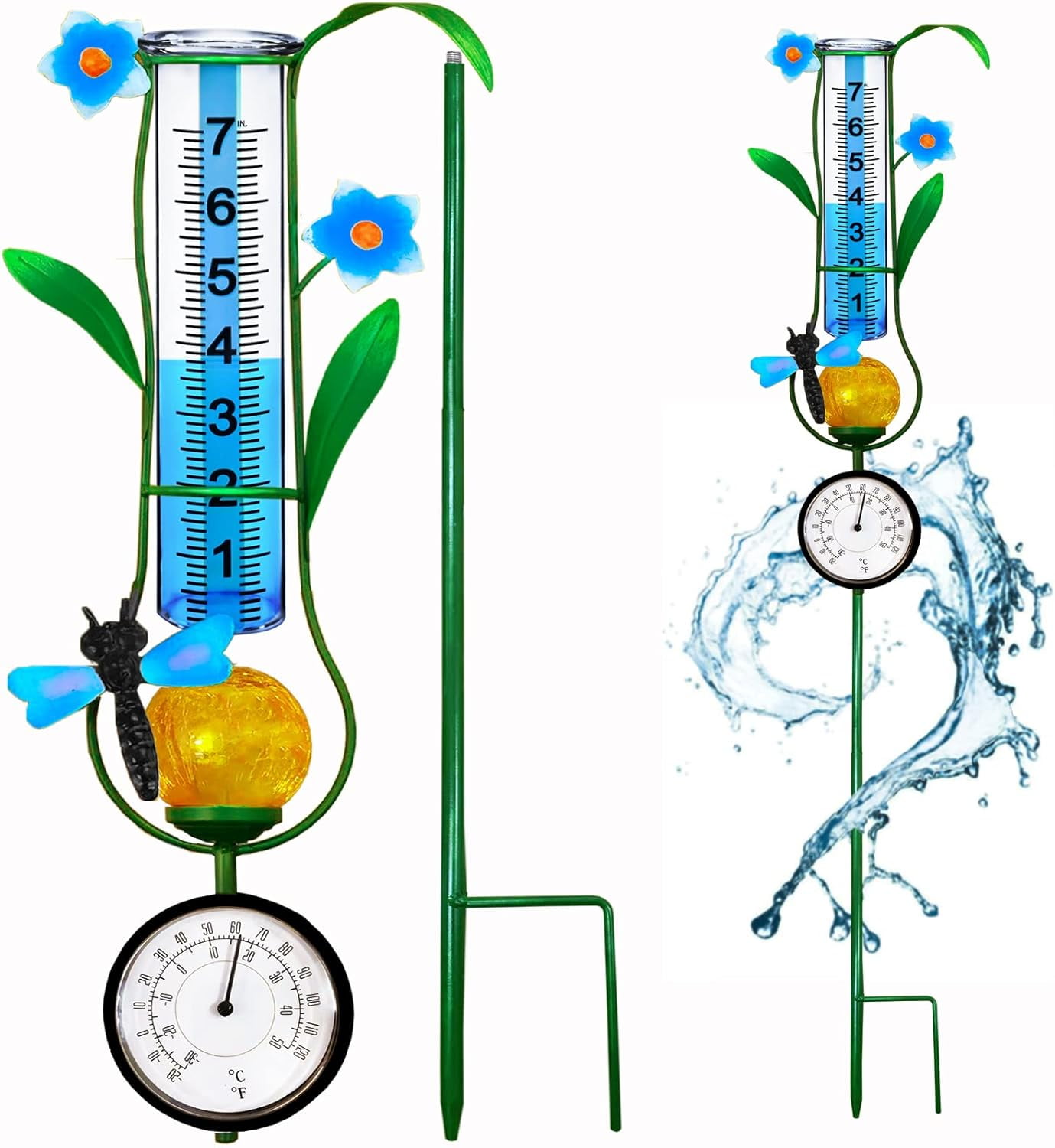 Outdoor Rain Gauge, Metal Dragonfly Flower Stake Rain Gauges with Solar ...
