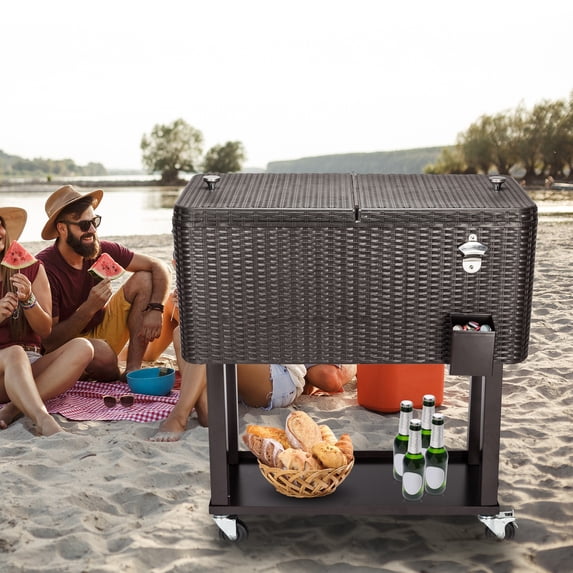 Outdoor Rattan 80QT Party Patio Rolling Cooler Cart Ice Beer Beverage ...