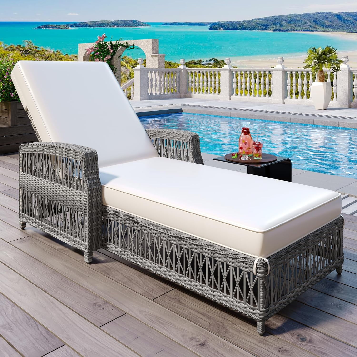 Outdoor Rattan Chaise Lounge with 4 Adjustable Backrest and Armrests ...