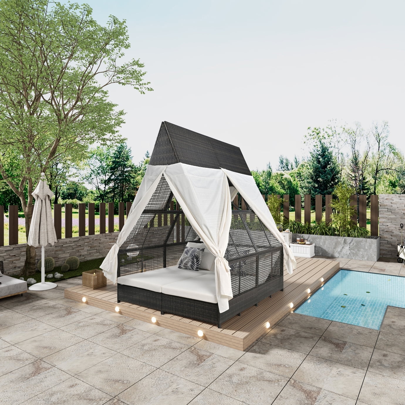 Outdoor Rattan Daybed, Modern Patio Lounge Bed with Adjustable Backrest ...