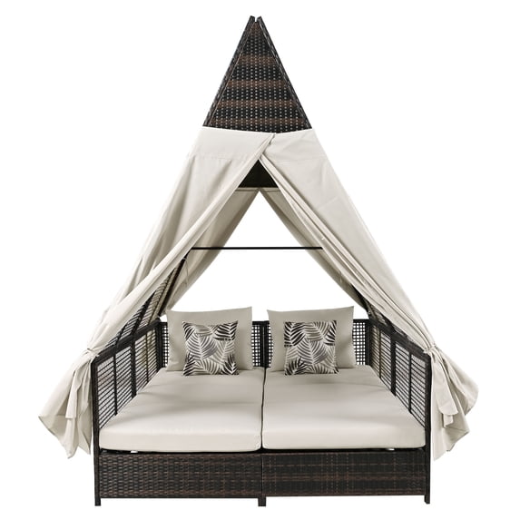 Outdoor Rattan Daybed Patio Lounge Bed with Adjustable Backrest Leisure ...