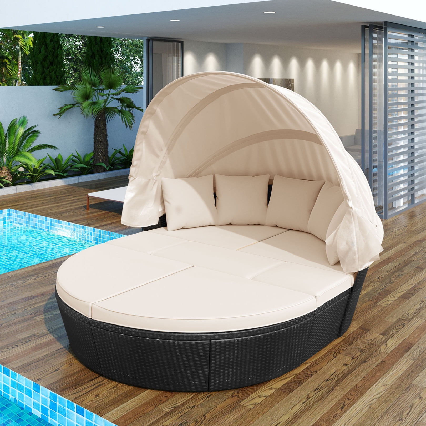 Outdoor Rattan Daybed with Retractable Canopy Wicker Furniture, Round ...
