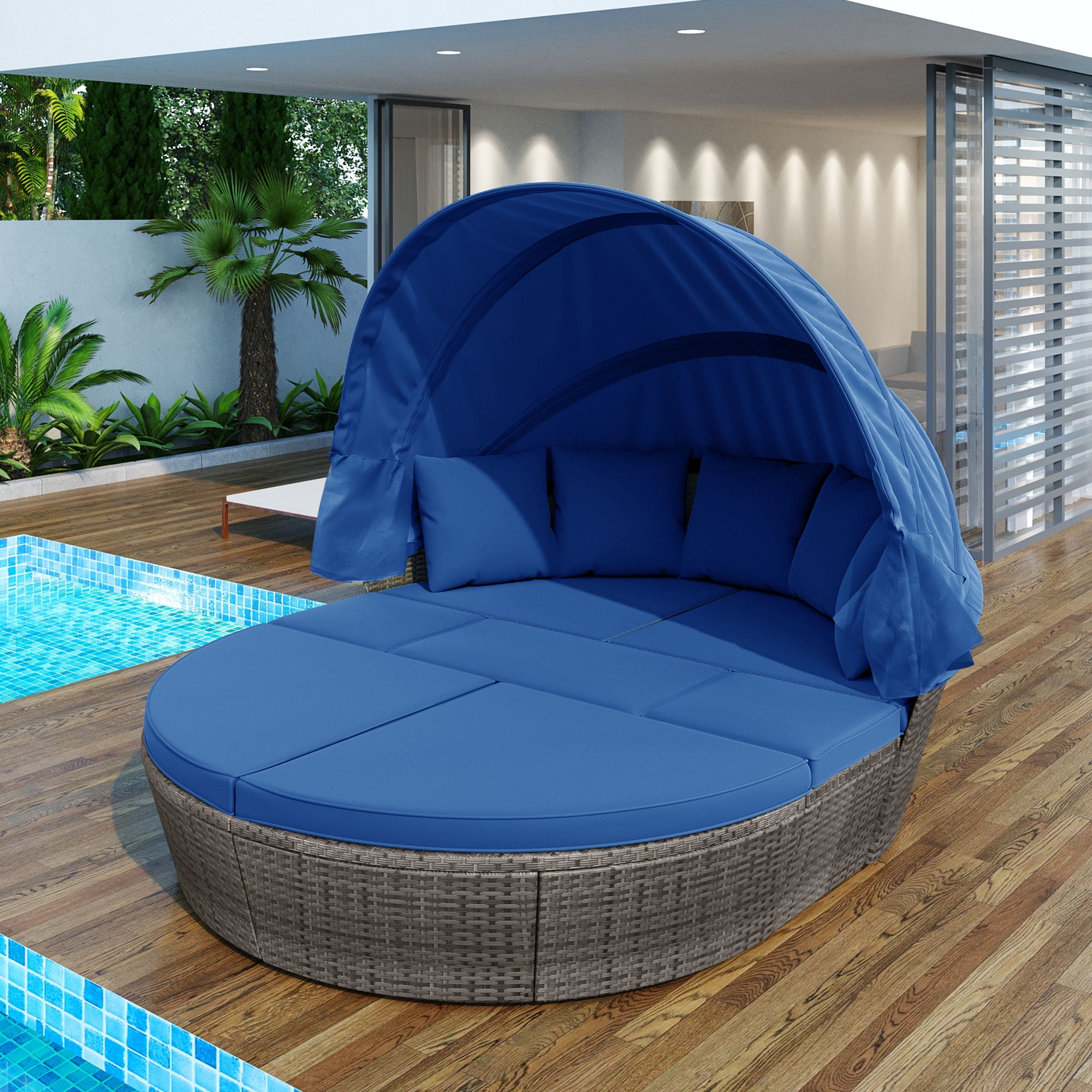 Outdoor Rattan Daybed Sunbed with Retractable Canopy Wicker Furniture, Round Outdoor Sectional ...