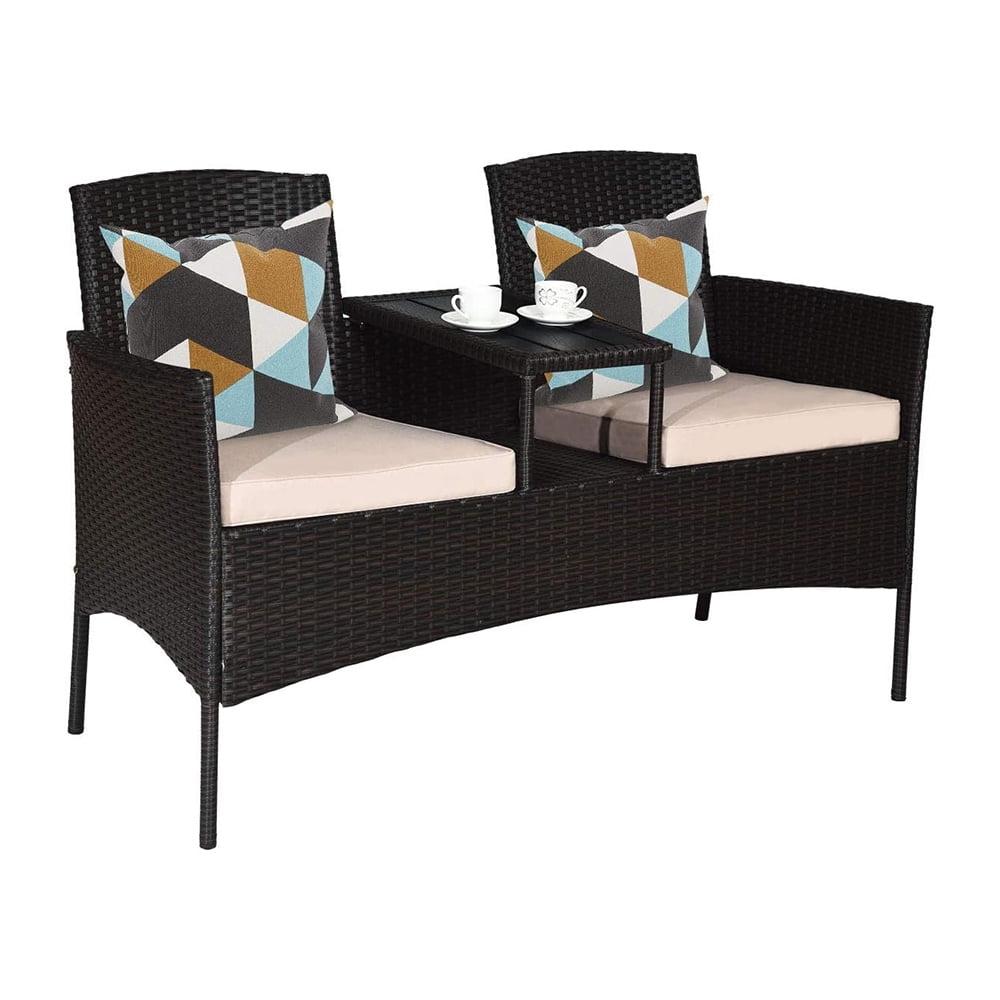 Outdoor Rattan Loveseat, Conversation Sofas Set with Table, Cushions ...