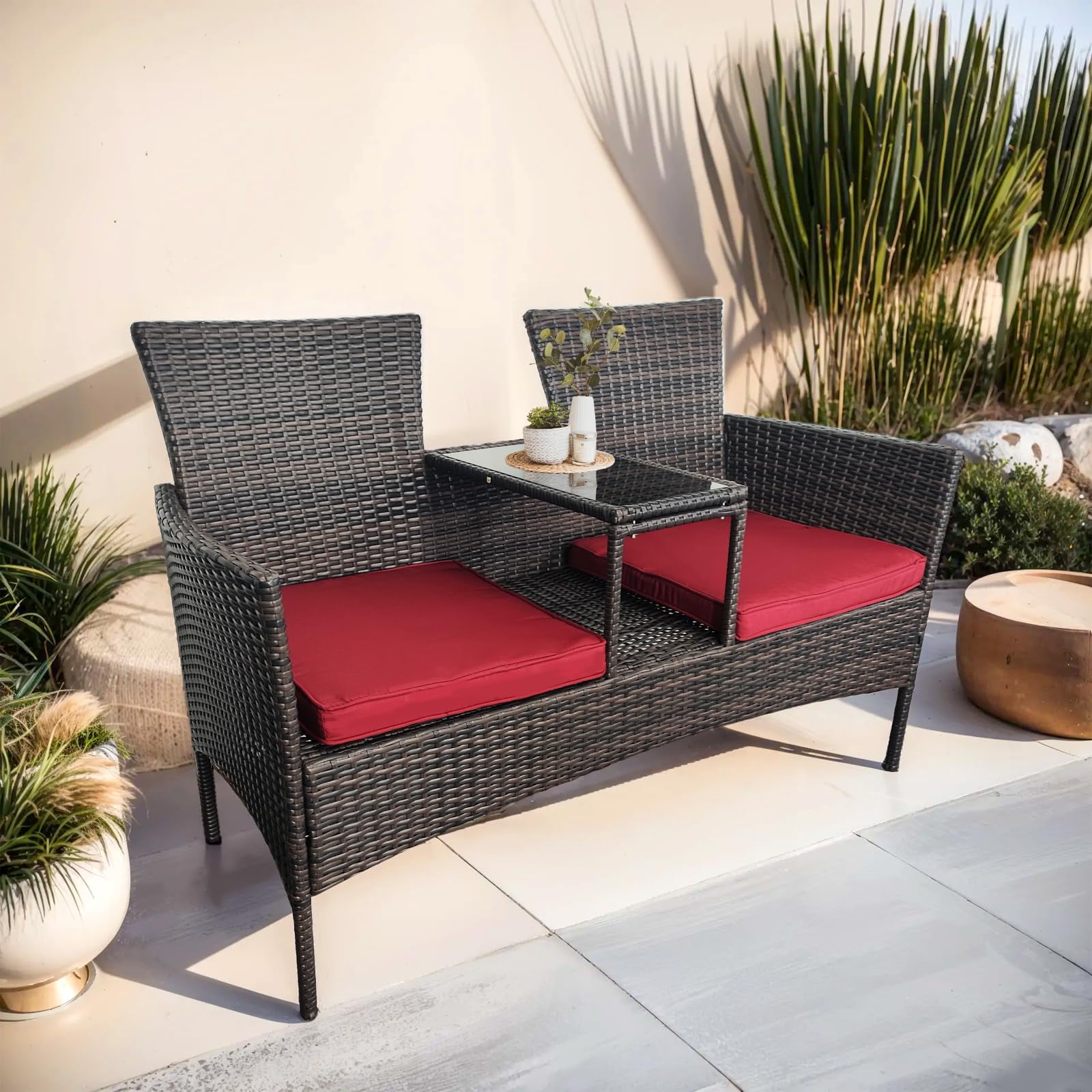 Outdoor Rattan Patio Loveseat,Wicker 2-Seat Outdoor Loveseat With ...