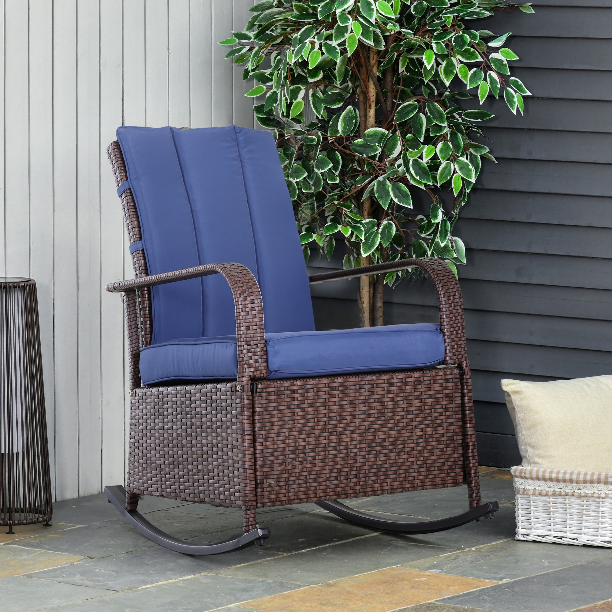 Outdoor Rattan Rocking Chair Patio Recliner with Cushion, Adjustable ...