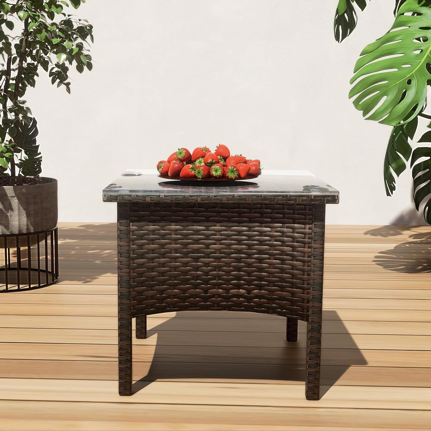 Outdoor Rattan Side Table, Modern Patio End Side Table with Glass Top ...