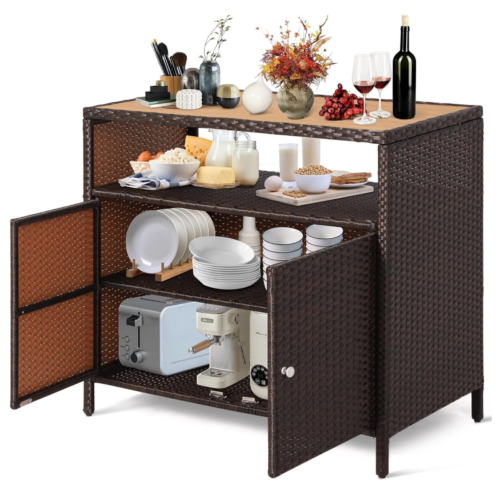 Outdoor Rattan Storage Cabinet, Patio Bar Table with 2-Door and Shelf ...