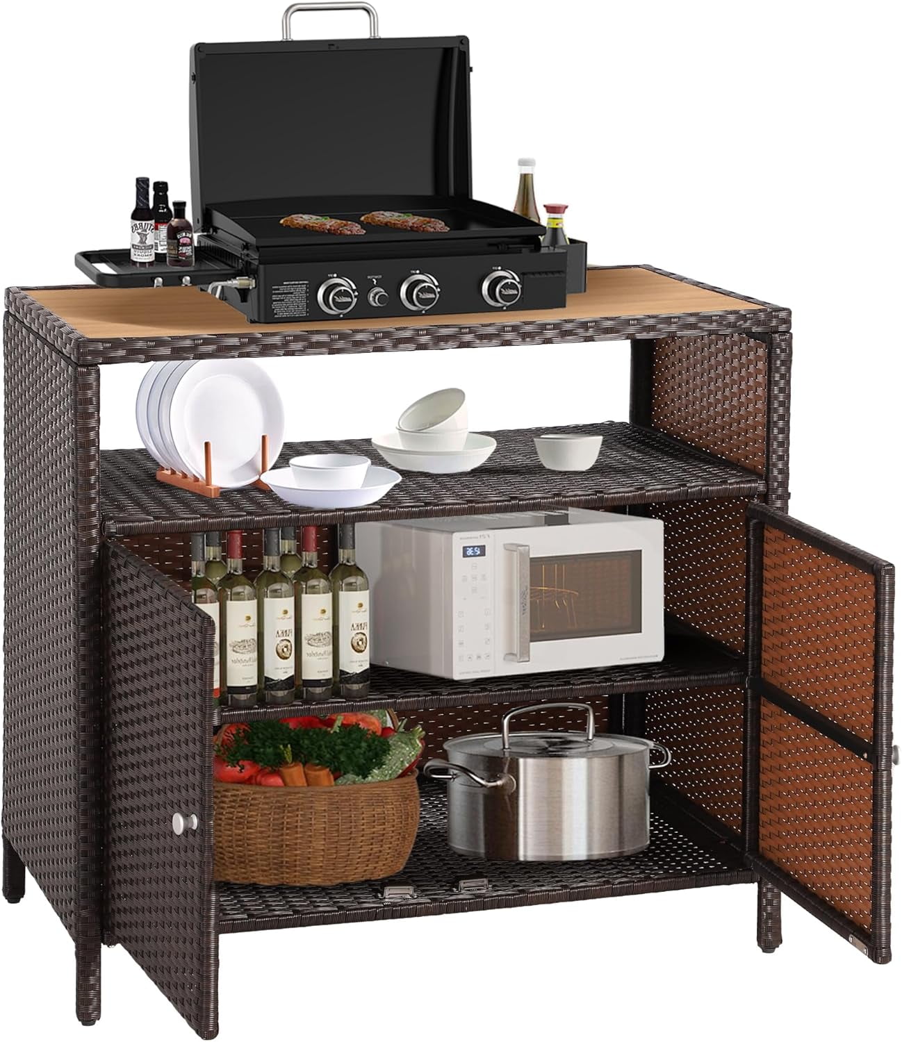 Outdoor Rattan Storage Cabinet Patio Bar Waterproof, Wicker Kitchen Bar ...