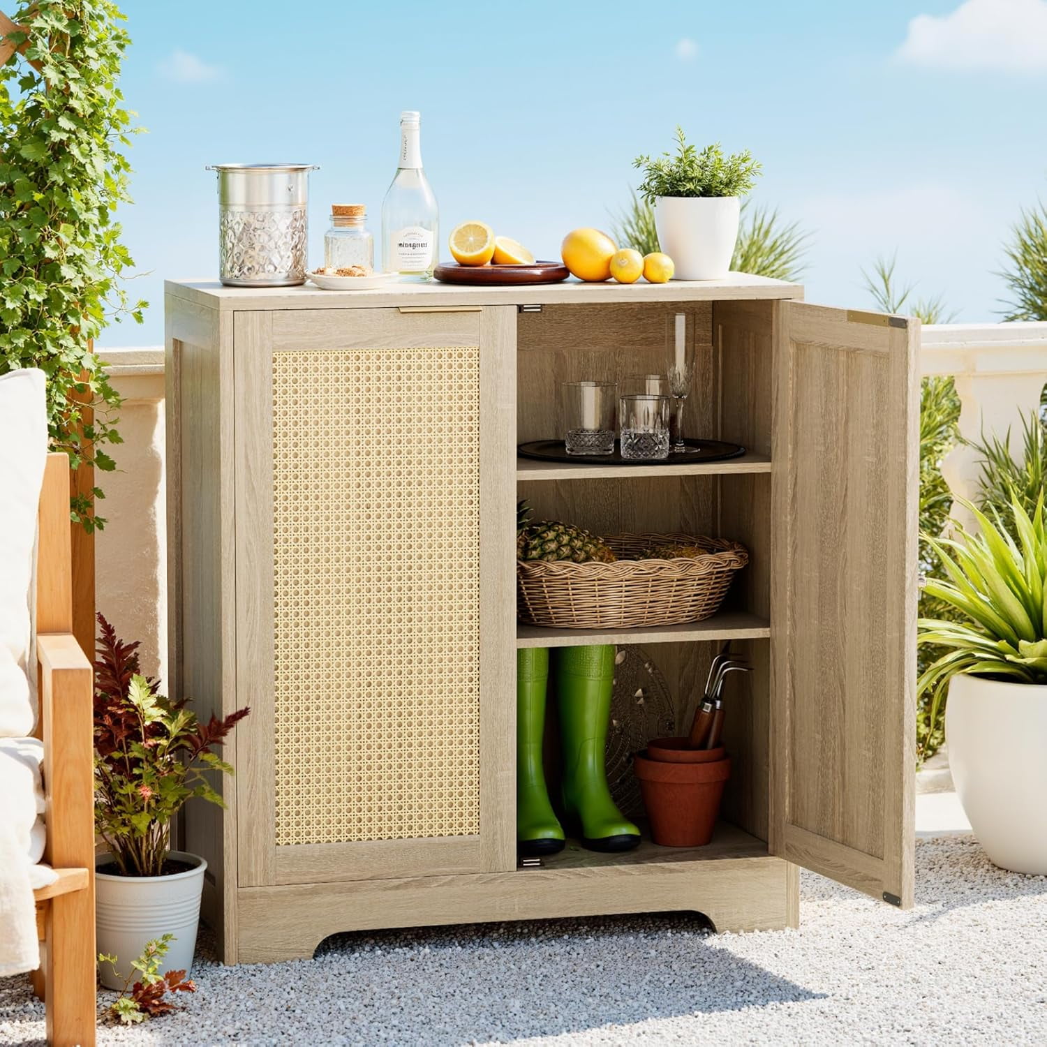 Outdoor Rattan Storage Cabinet with Magnetic Doors, Versatile Wooden ...