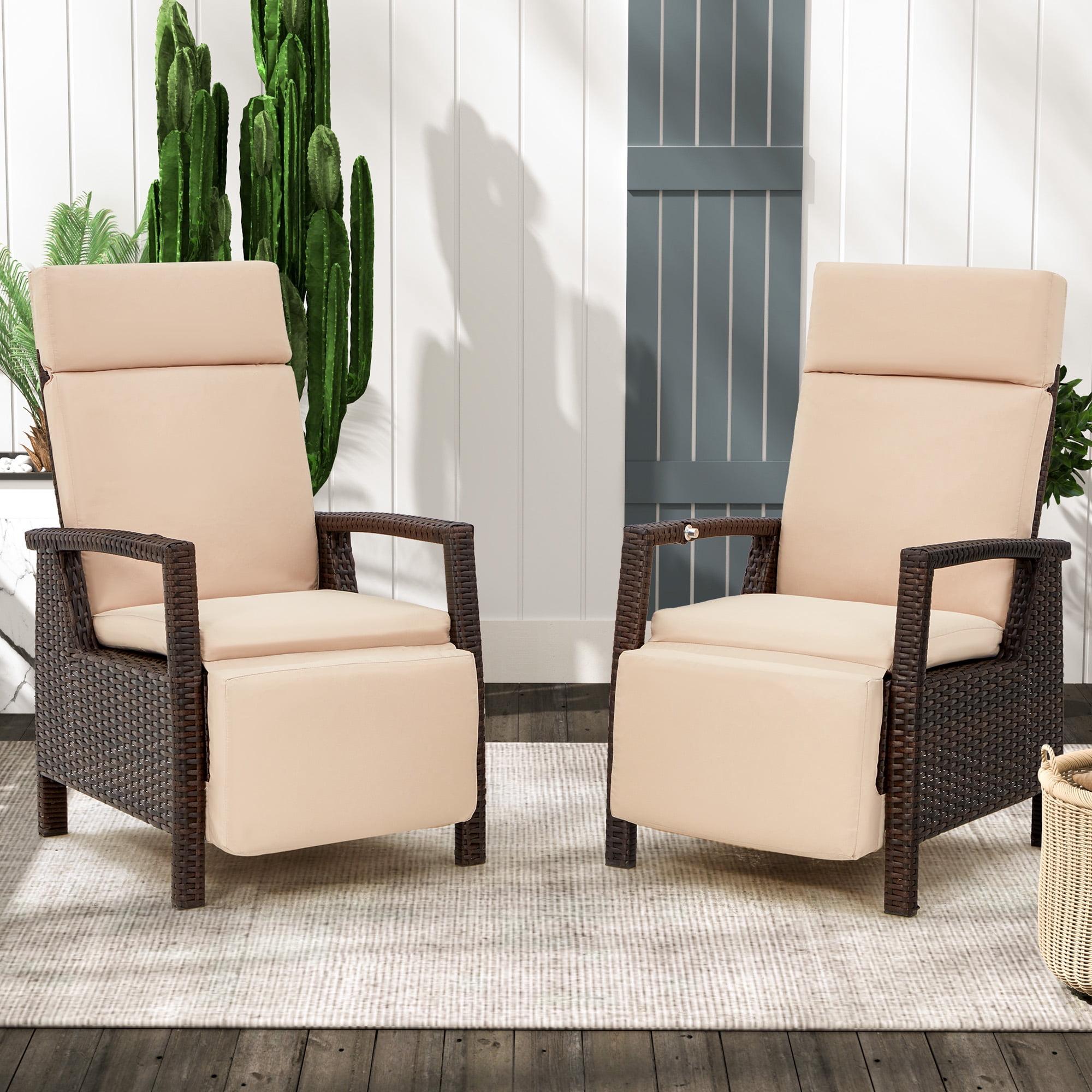 Outdoor Recliner Chair Set of 2, Patio Wicker Reclining Chairs with ...