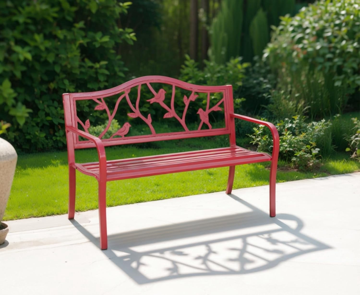 Outdoor Red Garden Bench, Steel Metal Frame Patio Park Bench with Bird ...