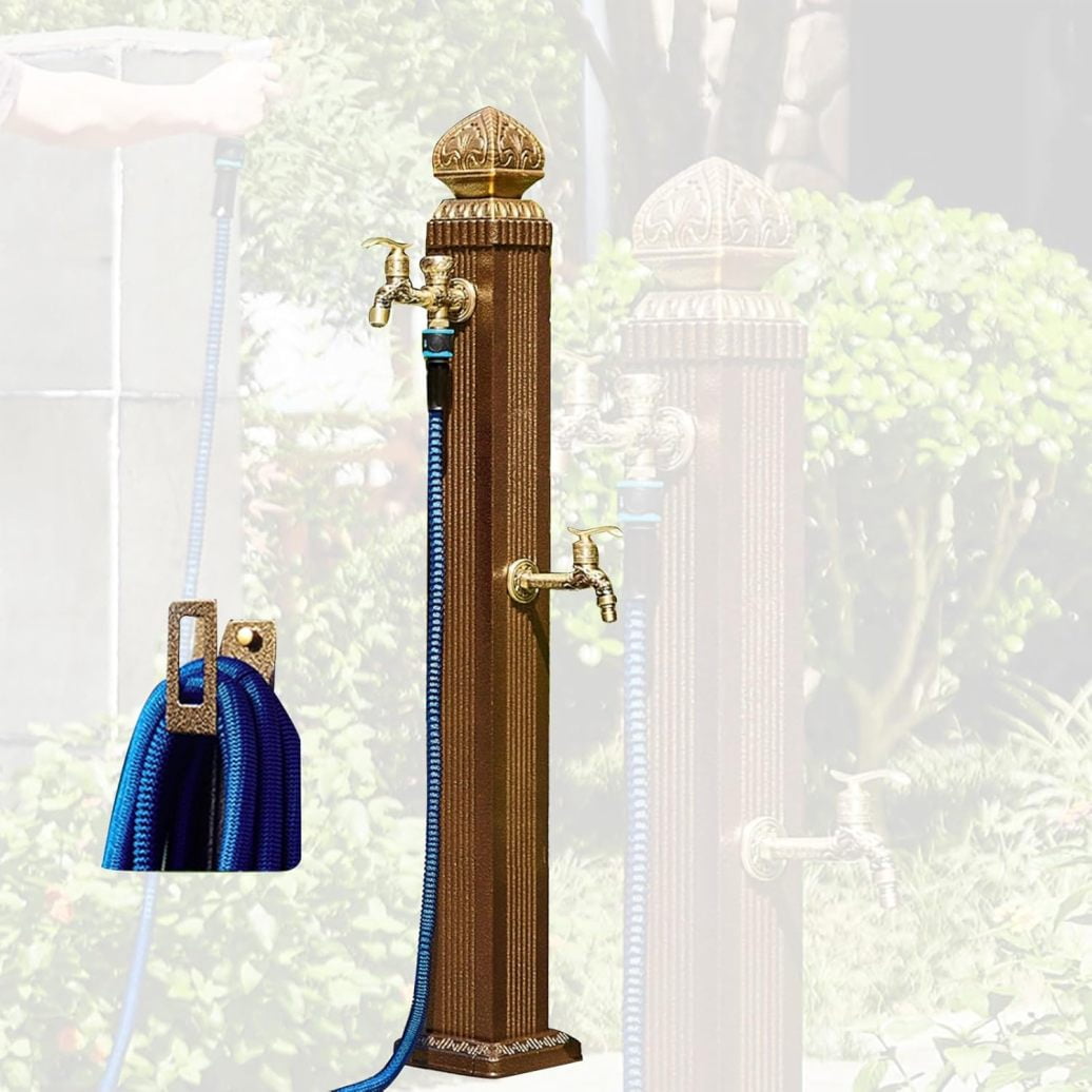 Outdoor Retro Post Faucet, Freestanding Garden Hose Holder Brass Double ...